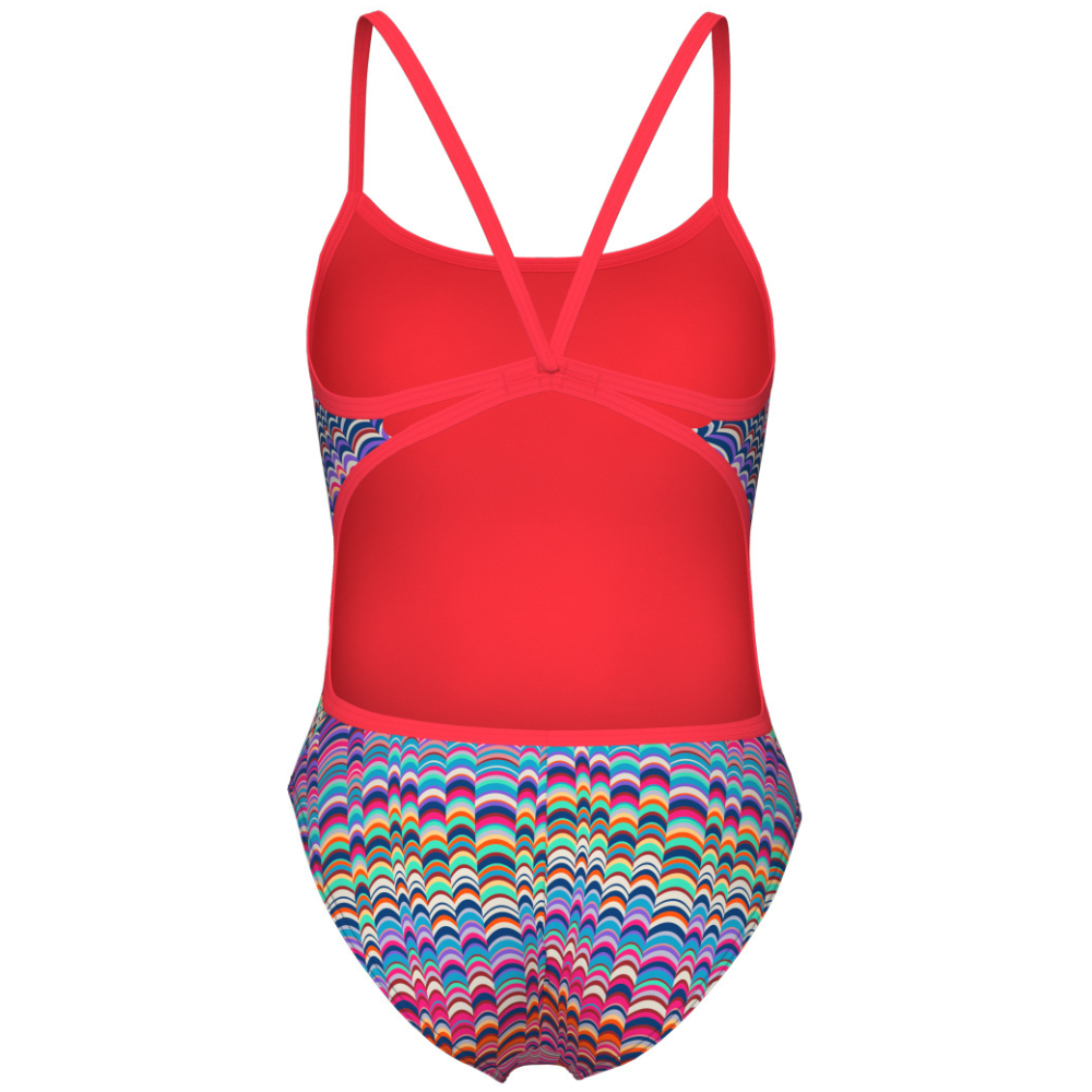 ARENA WOMEN'S SWIMSUIT ONDULATION LACE BACK - MULTI VIOLET/BRIGHT CORAL ...